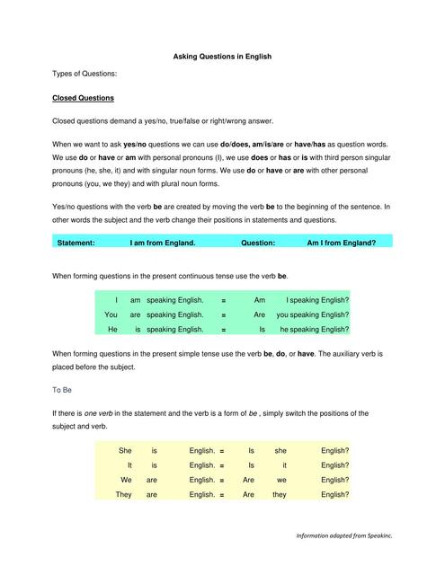 Flashcards de Asking Questions in English | Por Silvana | uDocz