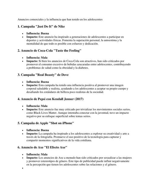 Anuncios comerciales y la influencia que han tenid | Sarah | uDocz