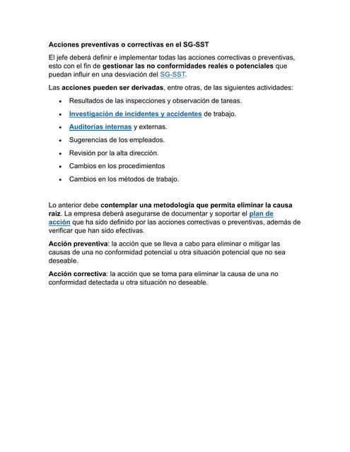 Acciones preventivas o correctivas en el SG SST | Cositas | uDocz