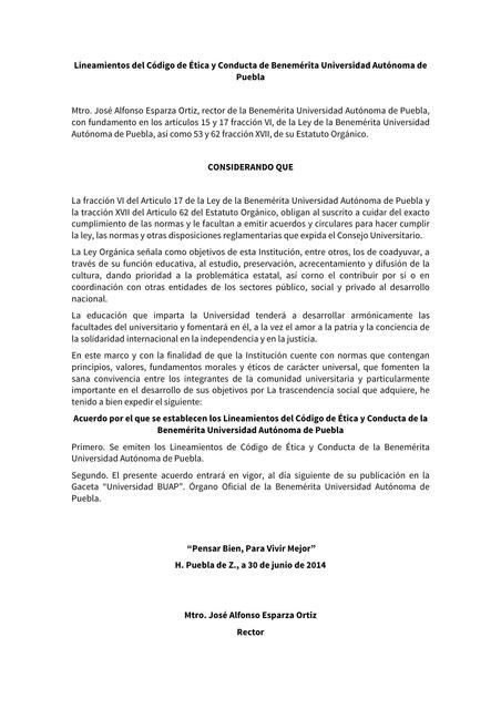Lineamiento Codigo de Etica y Conducta BUAP | luisito | uDocz