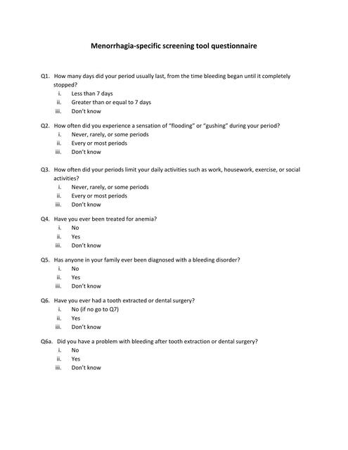 Menorrhagia Specific Screening Tool Questionnaire | Brian | uDocz