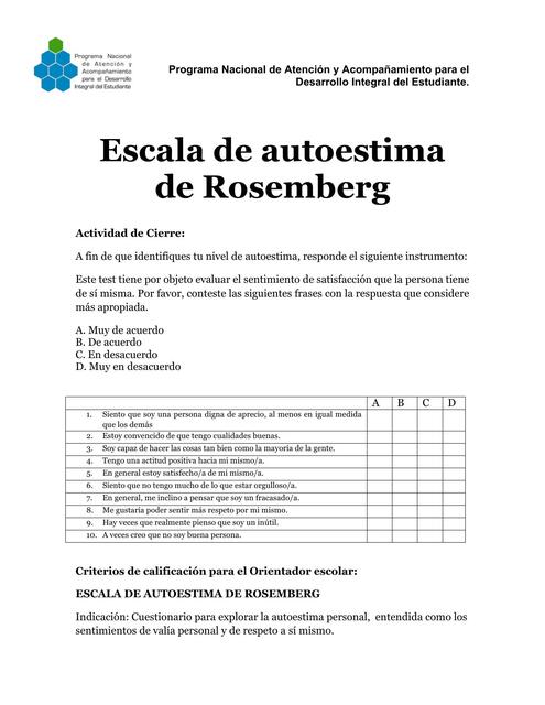Escala de Autoestima de Rosenberg | Gina Vega | uDocz
