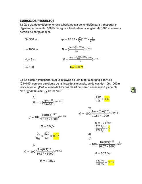 Ejercicios de Hidráulica | Ejercicios resueltos | Ingeniería Hidráulica | uDocz