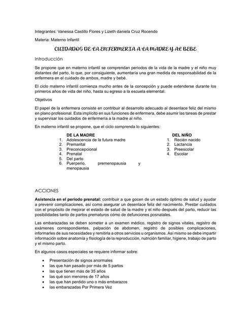 PAPEL DE ENFERMERIA CUIDADO MADRE E HIJO | Lolis | uDocz
