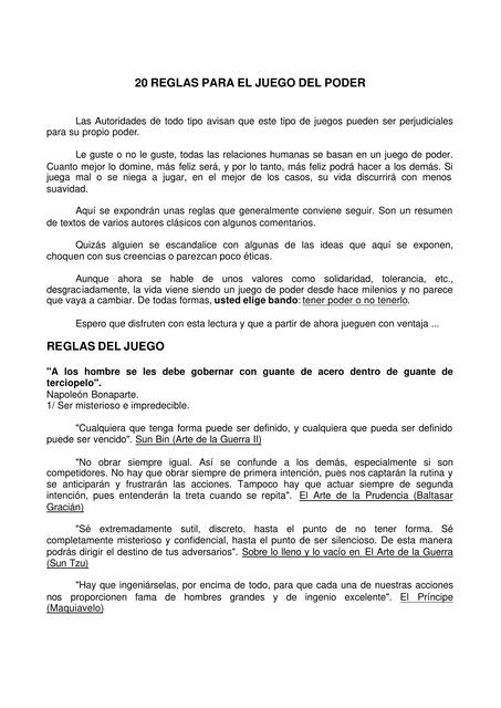 Anonimo 20 Reglas para el juego del Poder | Daniela | uDocz