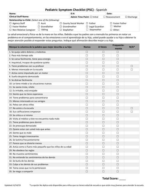 PSC Pediatric Symptom Checklist Spanish | Angela | uDocz