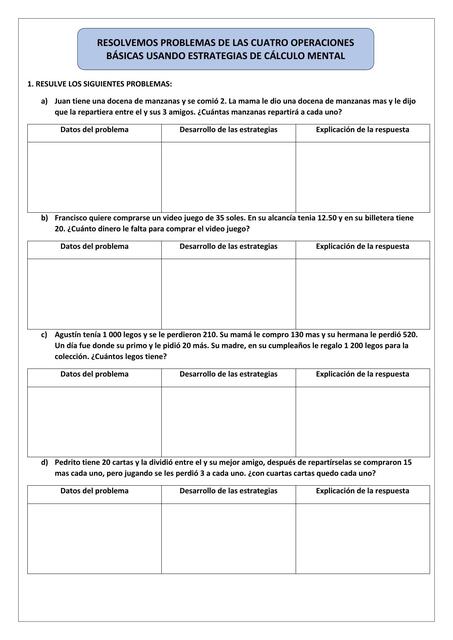 PROBLEMAS DE LAS CUATRO OPERACIONES BÁSICAS USANDO | Jose Javier | uDocz