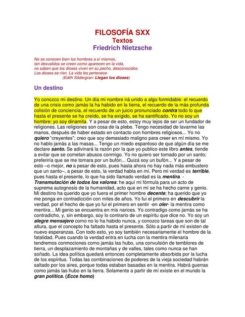 FILOSOFÍA SIGLO XX 1 Materiales Nietzsche | Demetrio Isuiza | uDocz