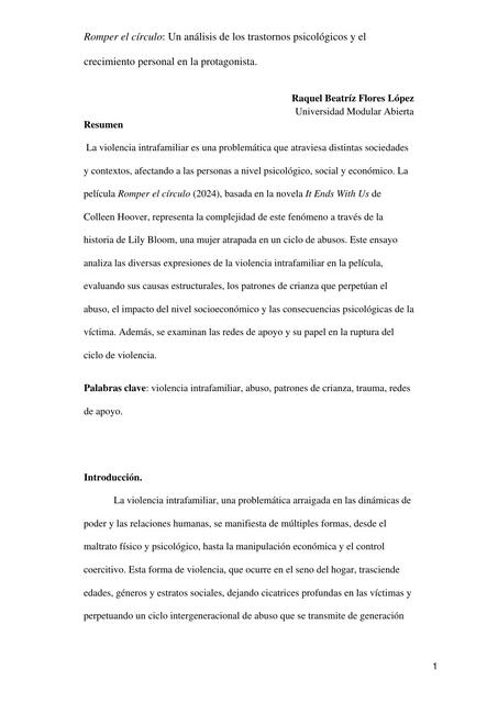 Ensayo académico Romper el círculo: Un análisis de los trastornos psicológicos. | Raquel | uDocz