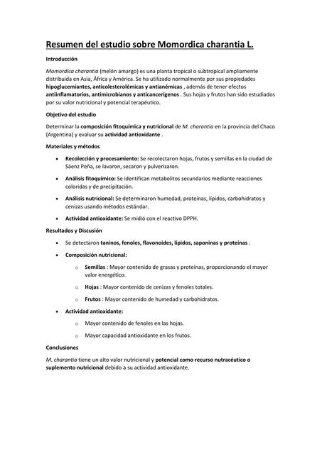 Resumen del estudio sobre Momordica charantia L | Gabriela anahi | uDocz