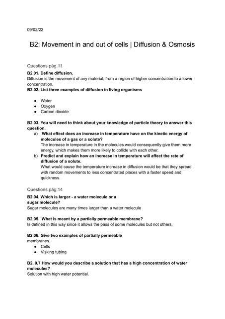 B2: Movement in and out of cells; Diffusion and Osmosis | Emily Estudia | uDocz