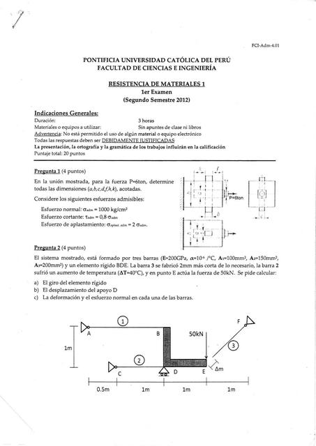 EXAMEN 1 RESISTENCIA DE MATERIALES 1 - Exámenes resueltos compilados de ingeniería ...