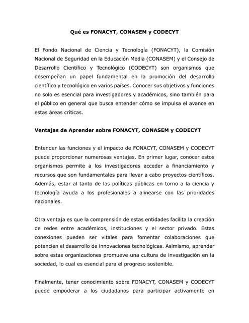 Qué es FONACYT CONASEM y CODECYT | Apuntes Informática | uDocz