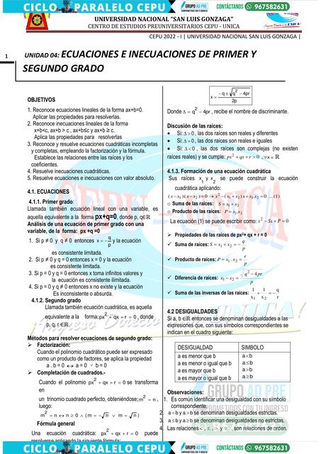Ecuaciones e inecuaciones de primer y segundo grado | Tatiana | uDocz
