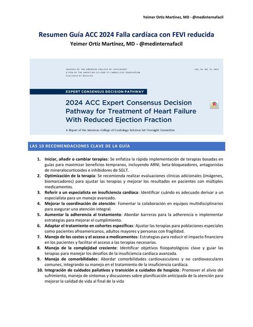 RESUMEN Falla cardíaca con FEVI reducida ACC | Juan Manuel | uDocz