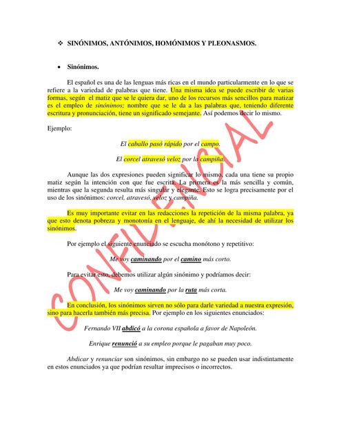 SINÓNIMOS ANTONIMOS HOMÓNIMOS Y PLEONASMOS | Leovardo | uDocz