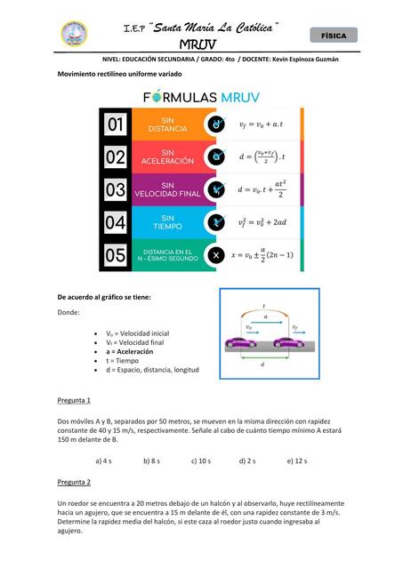 MRUV EJERCICIOS FISICA 4to | Max Kevin Espinoza Guzán | uDocz