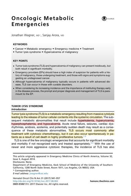 Onco 2 Oncologic Metabolic emergencies | Juan | uDocz