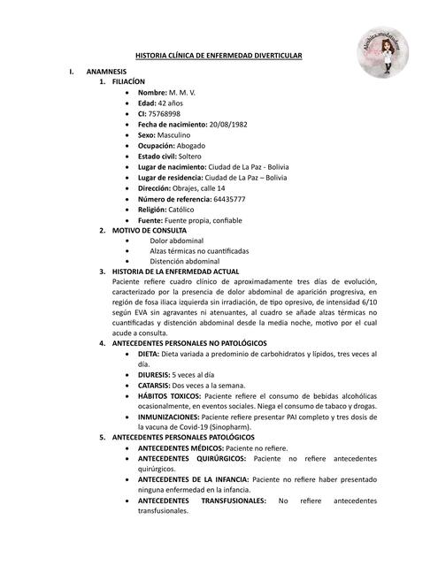 HISTORIA CLÍNICA ENFERMEDAD DIVERTICULAR | Aleshita.medstudent | uDocz