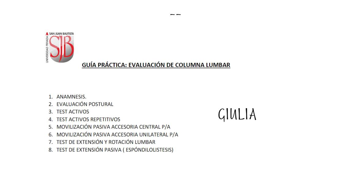 EVALUACIÓN COLUMNA LUMBAR EVALUACION Y DIAGNOSTICO FISIOTERAPEUTICO | Giulia.222 | uDocz