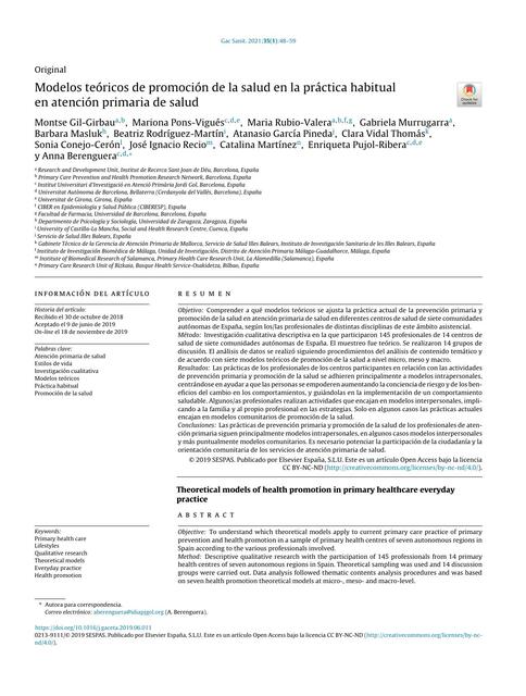 Modelos teóricos de promoción de la salud en la práctica habitual en atención primaria de salud ...