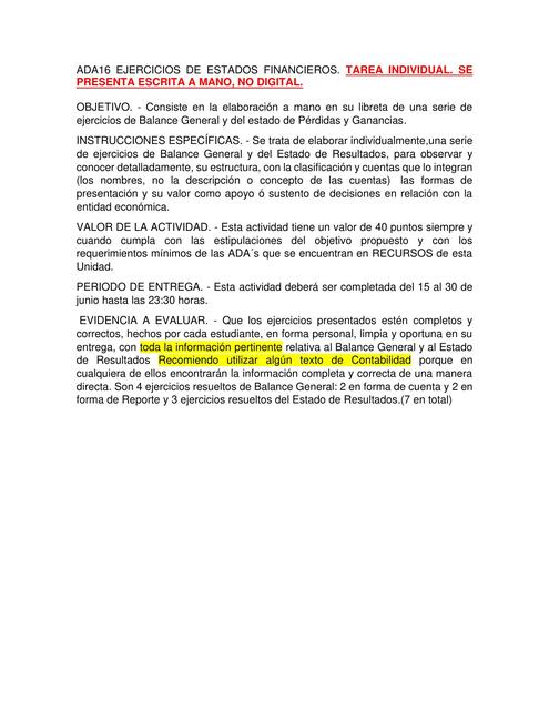 ADA14 EJERCICIOS DE ESTADOS FINANCIEROS | Flores Cáceres | uDocz