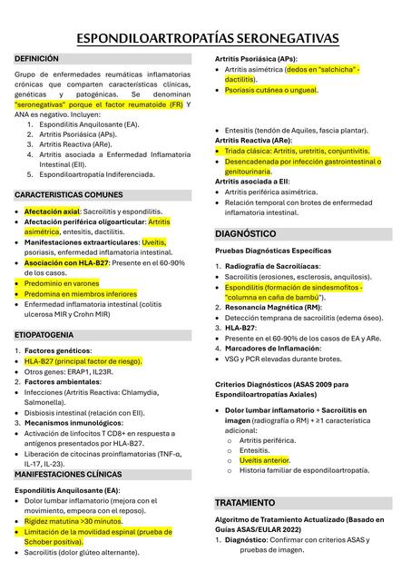 RESUMEN REUMATOOLOGÍA: ESPONDILOARTROPATÍAS SERONEGATIVAS | Gabriela | uDocz