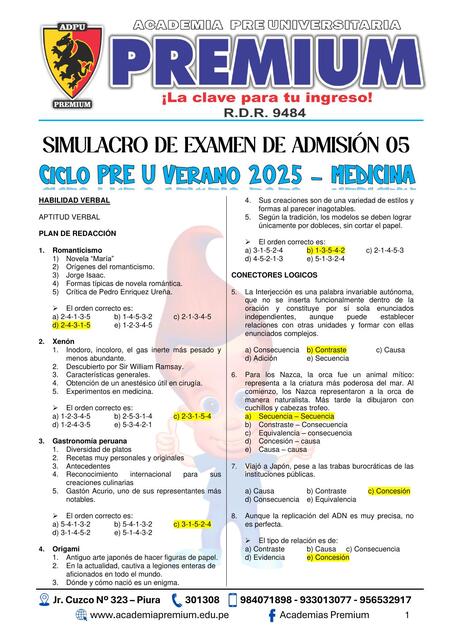 SIMULACRO PRE MED VER25 05 claves | MARI | uDocz