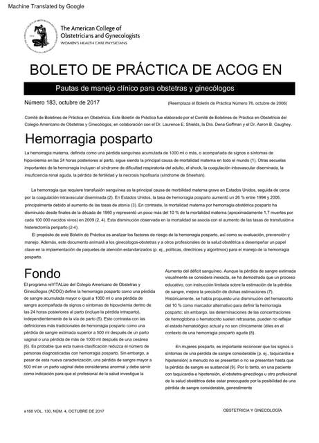 ACOG Practice Bulletin No 183 Postpartum Hemorrhag | Jesús Acosta | uDocz