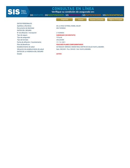 Consultas en Linea SIS Detalle | Romel De la cruz Cotrina | uDocz