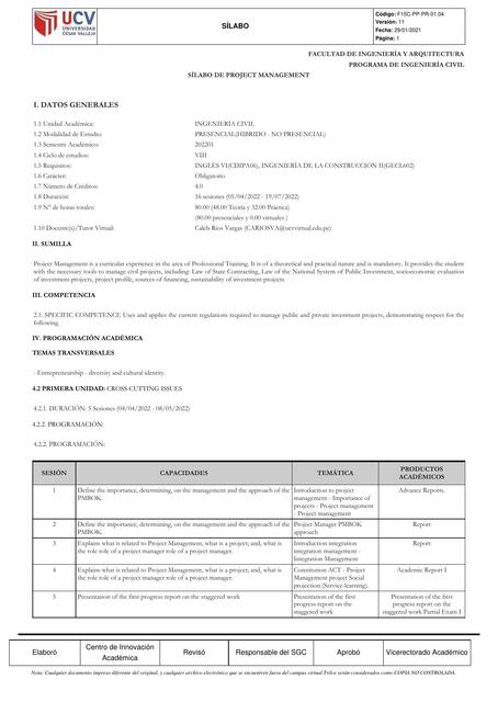 Silabo PROJECT MANAGEMENT | Eduar Alejandro Jimeno Flores | uDocz