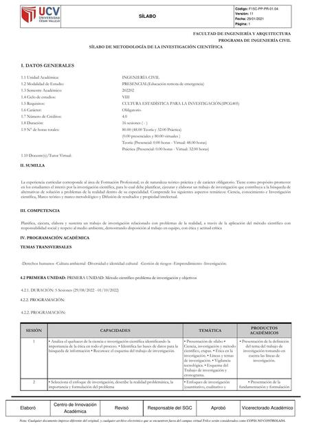 Silabo METODOLOGÍA DE LA INVESTIGACIÓN CIENTÍFICA | Eduar Alejandro ...