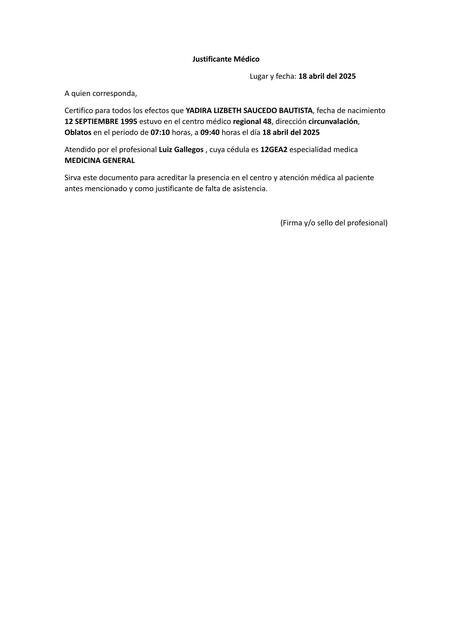 Justificante Medico | Yadira | uDocz