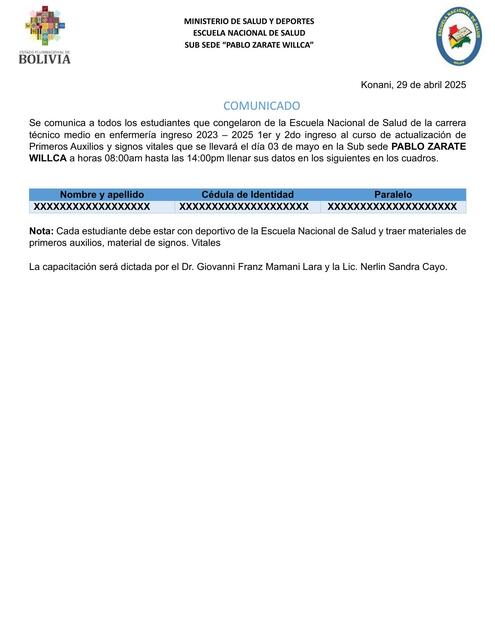 Comunicado PRIMEROS AUXILIOS ENS | Roger | uDocz