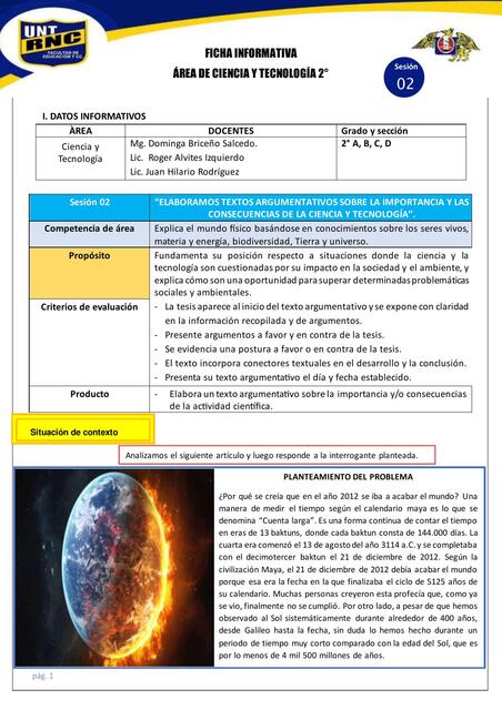 FICHA DE SESIÓN N°02 CIENCIA Y TECNOLOGÍA 2° I UNIDAD RNC 2025 (1) | Lucero | uDocz