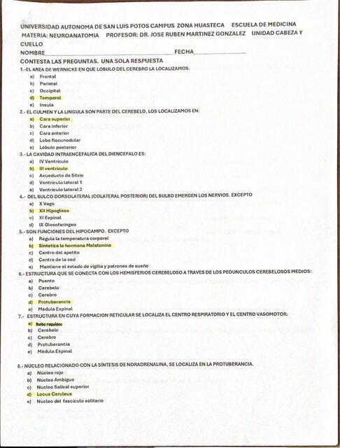 1er BANCO DE PREGUNTAS NEUROANATOMIA | Yosuha Dalí | uDocz
