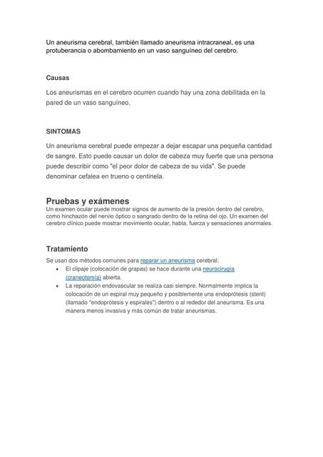 Flashcards de Un aneurisma cerebral | Por DAYHANA GERALDINE | uDocz