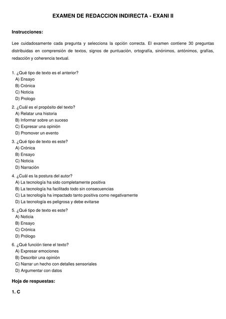Examen Redaccion Indirecta EXANI II | valery villanueva | uDocz
