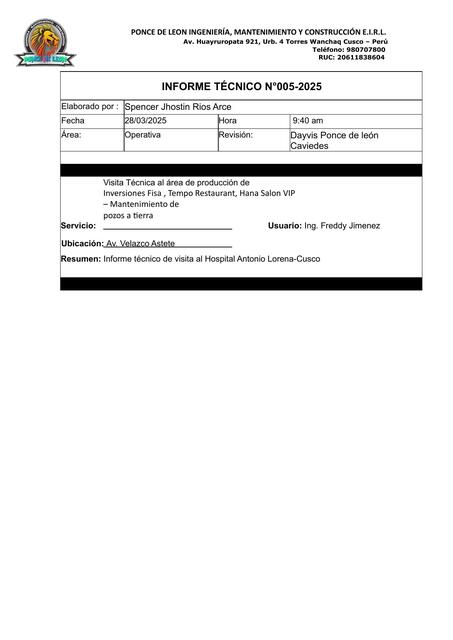 INFORME VISITA TECNICA INVERSIONES FISA | Spencer | uDocz