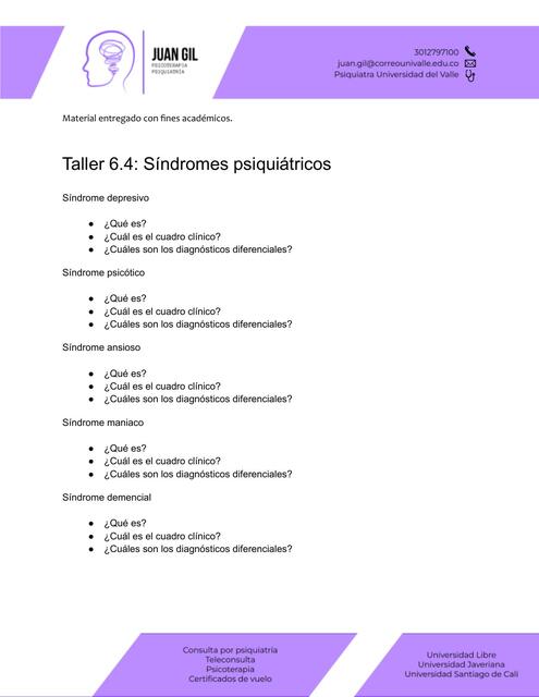 Taller 6 4 Síndromes psiquiátricos | Diana Marcela Fajardo | uDocz