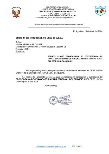 oficio n 036 dcebe hu ugel 05 sjl ea | veronica | uDocz