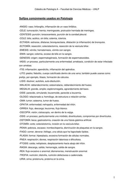 Sufijos comunmente usados en Patología | Costa Colle Leticia 8 8 6 1 1 5 | uDocz