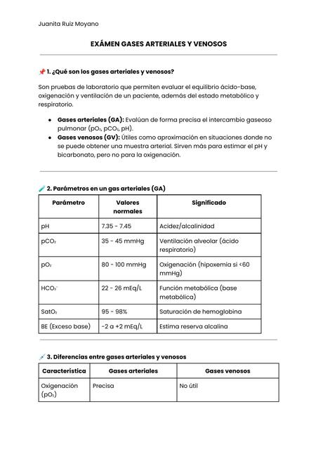 EXÁMEN GASES ARTERIALES Y VENOSOS | JUANITA RUIZ MOYANO | uDocz