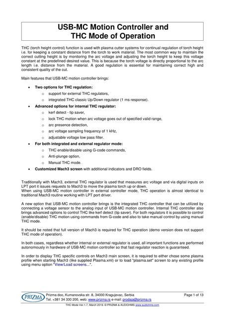 USB-MC Motion Controller and THC Mode of Operation | Carlos Martinez Kobashi | uDocz