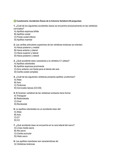 Cuestionario Accidentes Óseos de la Columna Verteb | Sofi | uDocz