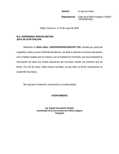 Oficio sobre el regreso a clases | ROYGELIO | uDocz