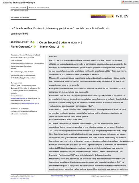 Aus Occup Therapy J Levick The Checklist of Leisur | Emely | uDocz