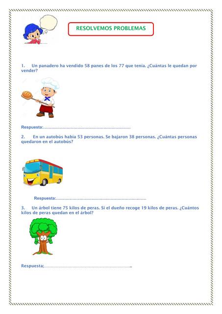PROBLEMAS MATEMATICOS DE RESTAS | Material para docentes | uDocz