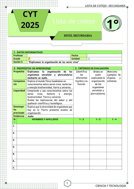 1 COTEJO SEM 3 SES5 UNI 1 CYT | Edith Melba | uDocz