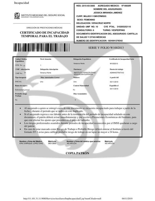 Justificante Incapacidad Imss Autoguardado | Lizeth | uDocz